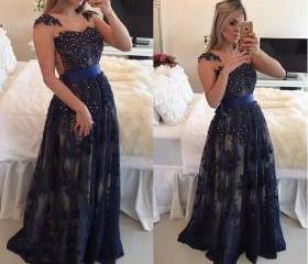 Deep Blue Lace Applique Long Prom Dress Evening Dress Party Dress ...