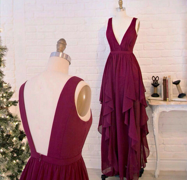 V Neck Deep Red Formal Dress Special Style Chiffon Evening Party Dress ...
