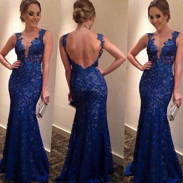 V Neck Open Back Lace Mermaid Sexy Prom Dress Backless Evening Dresses ...