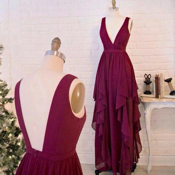 V Neck Deep Red Formal Dress Special Style Chiffon Evening Party Dress ...