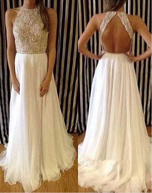 Long Beading Chiffon Prom Dress Chiffon Backless Evening Dresses on Luulla